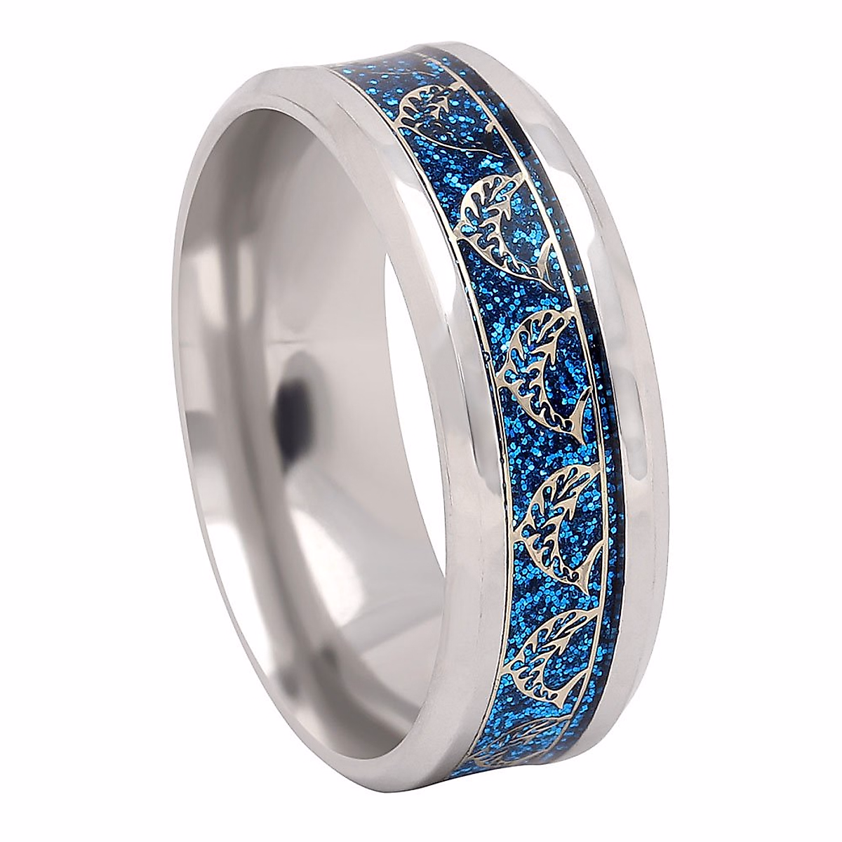 Ginger Lyne Collection Dolphins Stainless Steel Comfort Fit Wedding Band All Ocassion Ring Gold Color Inlay on Blue Background Ocean wave Beach Lovers Rings Men Women