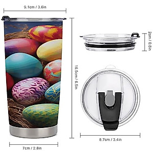 FHENMSA Reusable Plastic Water Cups with Lids,Easter Day Colorful Eggs Print Anti-overflow Cup,sports Travel Coffee Cup