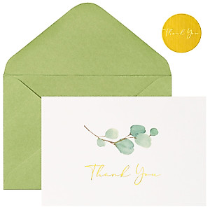 Crisky 100 PK Printable Greenery Thank You Cards with Envelopes Bulk - 5.25 x 3.5 Inches Gold Greenery Thank You Cards Notes for Wedding, Baby Shower, Bridal Shower, Small Business, Birthday