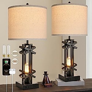 LEDIARY 27" Tall Farmhouse Table Lamps with AC Outlet and USB Ports, Rustic Living Room Lamps Set of 2, Black Industrial End Table Lamp for Bedroom Nightstand, 2 Blubs Included
