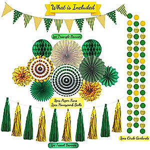 Green Gold Paper Fans Hanging Glitter Paper Triangle Flag Pennant Banner Tassel Garland Circle Banners Party Decorations for Bachelorette, Birthday Carnival, Engagement Wedding, Baby Bridal Shower