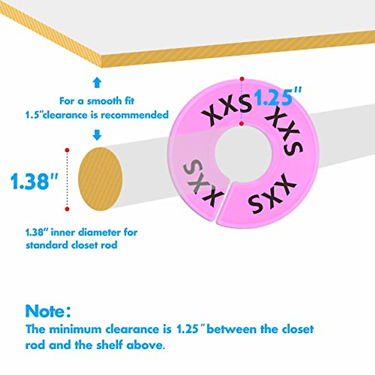 40 Pack Round Colorful Plastic Clothing Size Closet Rack Dividers Hangers, 8 Assorted Colors, Preprinted in 8 Sizes XXS, XS, S, M, L, XL, XXL, XXXL (Outer 3.5”, Inner Diameter 1.38”)