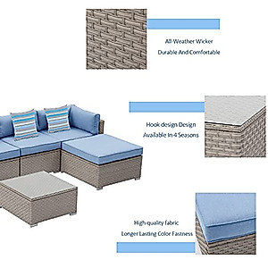 SUNBURY 6-Piece Outdoor Sectional Wicker Sofa in Blue, w 4 Pillows in Psychedelic Colors ?¡ìC Elegant Patio Furniture Chair and Table Set for Backyard Garden Pool