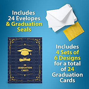24 Pack Gold Foil 2024 Graduation Cards Bulk with Envelopes & Stickers - Variety of 6 Artist-Rendered Designs - Perfect for College & High School Graduation Gifts and Party Supplies.