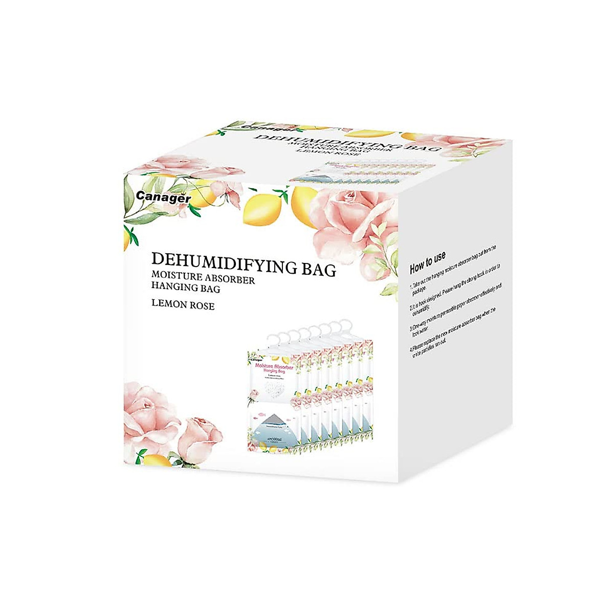 CANAGER Hanging Moisture Absorber, Lemon Rose Moistureproof Hanging Bag，Dehumidifier Bag (8 packs) Hanging Closet Dehumidifier Bags, Moisture Absorb 12.5 oz