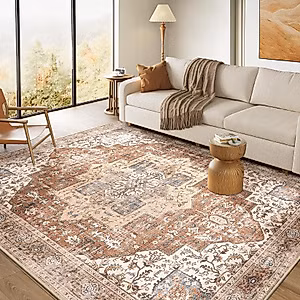 DTICON Washable Rug 9x12 Area Rugs: Boho Vintage Distressed Oriental Medallion Neutral Thin Large Rug Carpet for Living Room Bedroom Dining Room Home Office Decor - Brick Red