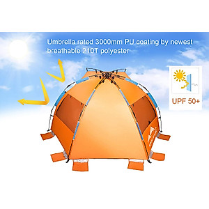 Oileus X-Large 4 Person Beach Tent Sun Shelter - Portable Sun Shade Instant Tent for Beach with Carrying Bag, Stakes, 6 Sand Pockets, Anti UV for Fishing Hiking Camping, Waterproof Windproof, Orange