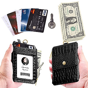 ELV Badge Holder with Zipper, PU Leather ID Badge Card Holder Wallet with 5 Card Slots, 1 Side RFID Blocking Pocket and 20 inch Neck Lanyard Strap for Offices ID, School ID, Driver Licence