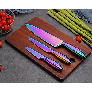 Hollory Rainbow Kitchen Knife Set 3 Piece, Razor Sharp German Stainless Steel Blade with 8 in Chef, 5 in Utility, 3.5 in Paring – Starter Set with Gift Box