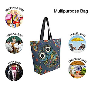 Women Top Bag Handle Handbags Shoulder Bag Tribal Ethnic Owl Boho Floral Tote Washed Canvas Purses Bag(227cr4a)