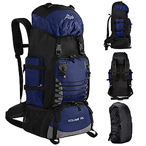 Unineovo 90L Hiking Backpack, Waterproof Camping Bag with Rain Cover, Lightweight Backpacking Back Pack - No Frame (Blue)