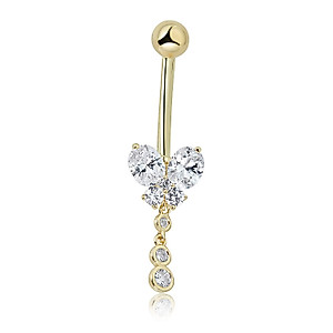 AVORA 10K Yellow Gold Simulated Diamond CZ Dangling Butterfly Belly Button Ring Body Jewelry (14 Gauge)