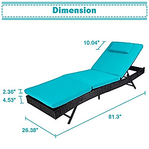 Omelaza Outdoor Chaise Lounge All-Weather Wicker Patio Lounge Chair, Adjustable Reclining Chair with Blue Cushion for Poolside, Garden, Backyard (2 Pieces)