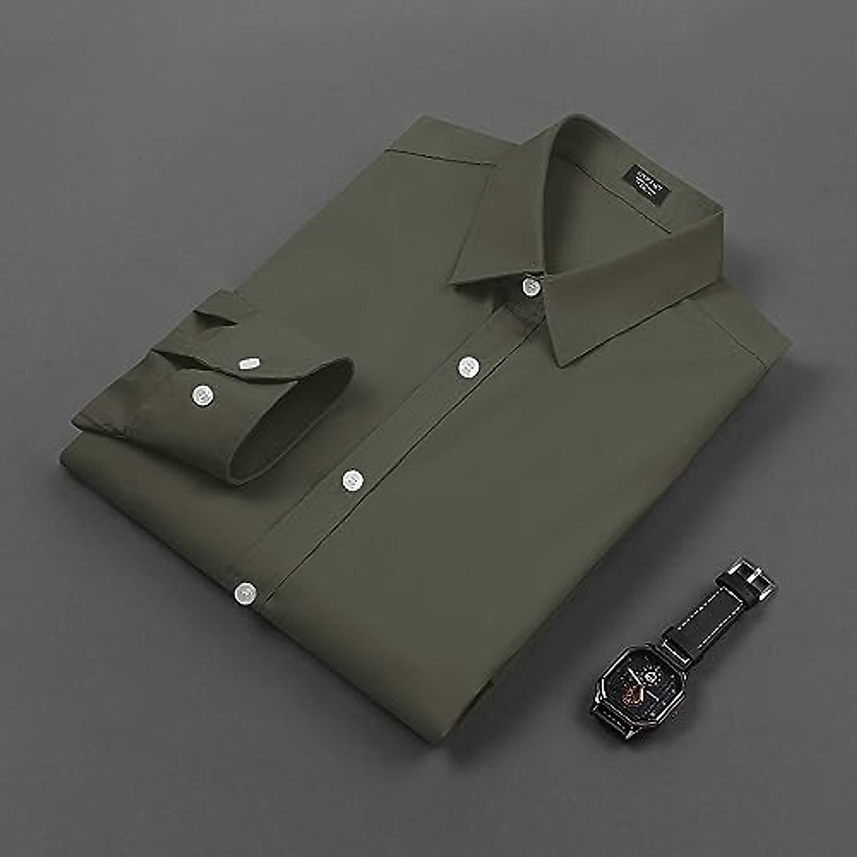 COOFANDY Men's Muscle Fit Dress Shirts Wrinkle-Free Long Sleeve Casual Button Down Shirt (01-Olive Green(Stretch Fabric), X-Large)