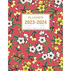 Planner July 2023-2024 June: 8.5 x 11 Large Notebook Organizer with Hourly Time Slots | Spring Summer Small Flower Design Red