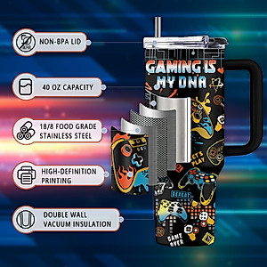 Uibunoo Gamer Gifts for Men, 40 Oz Game Tumbler with Handle & Straw, Gaming Gifts for Gamers Son Boyfriend Husband Men, Birthday Gift, Game Cup, Gaming Stuff for Boys