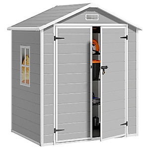 Gizoon Outdoor Storage Shed, 6x4 FT Resin Shed with Floor, Plastic Garden Tool Sheds with Lockable Door for Patio Backyard Lawn Pool, Gray