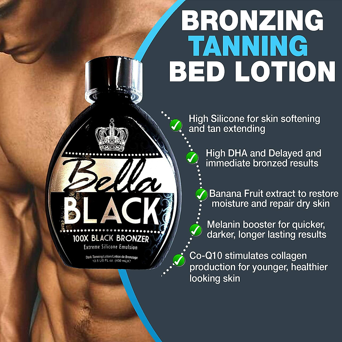 Bella Black 100X Bronzer Tanning Lotion – Premium Tanning Bed Lotion with Extreme Silicone Emulsion and Banana Fruit Extract – Instant Results – Dark Tanning Lotion for Indoor Tanning Beds - 13.5oz