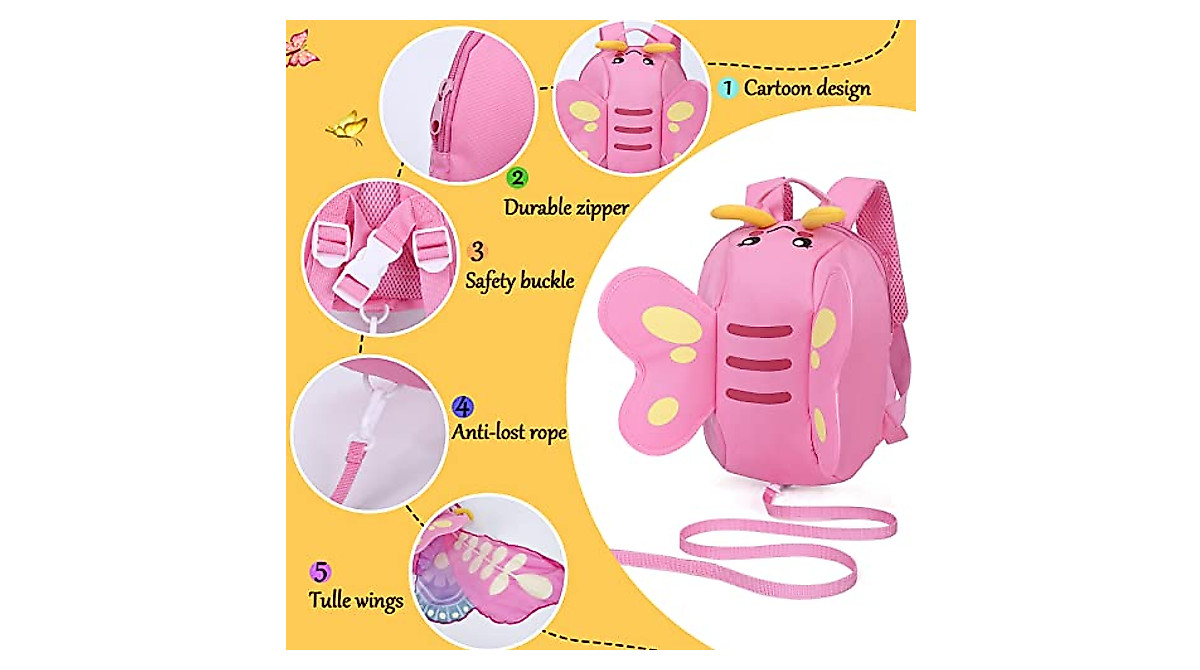 Cute Pink Butterfly Kids Backpack with Safety Features | Clearlove