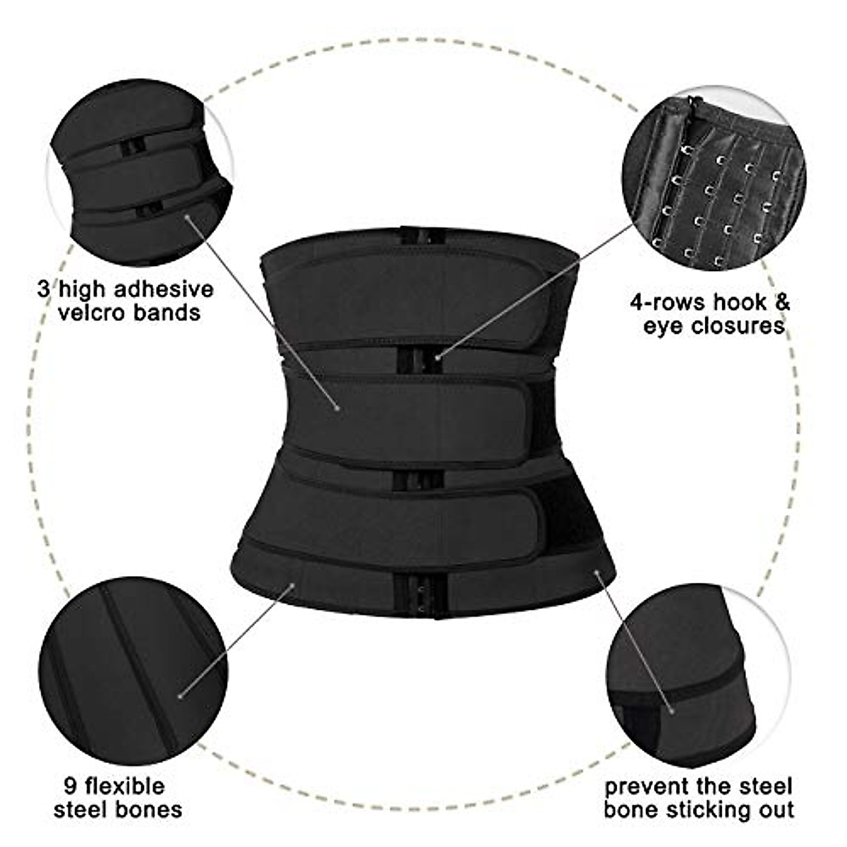 Dretasy Women Neoprene Corset Waist Trainer Workout Sauna Sweat Trimmer Cincher Belly Slimmer with 3 Belts for Weight Loss (Black Belly Belt, S)