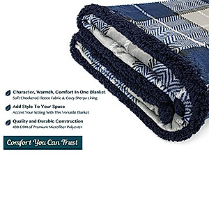 PAVILIA Premium Plaid Sherpa Fleece Throw Blanket | Super Soft, Cozy, Plush, Lightweight Microfiber, Reversible Throw for Couch, Sofa, Bed, All Season (50 X 60 Inches Navy Blue)