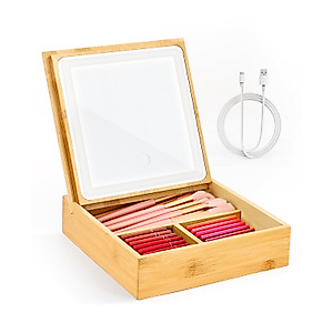 Onism Bamboo Makeup Organizer with LED Light Mirror, Cosmetic Organizer Storage for Store Cosmetics, Makeup Brushes, Jewelry, Hair Accessories, Perfect for Bathroom, Bedroom, Vanity