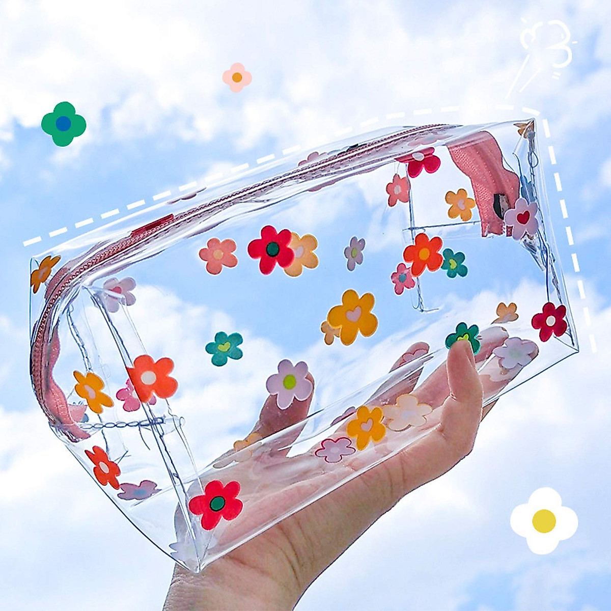 ASkinds Clear Cosmetic Bag Cute Cartoon Flower Cosmetic Bag Waterproof Transparent Makeup Bag Portable Storage Bag Travel Toiletry Organizer Pouch for Women