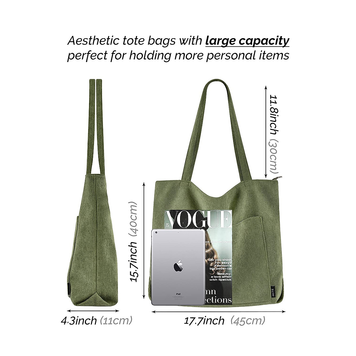 Prite Corduroy Tote Bag for Women Large Shoulder Bag with Zipper and Pockets for College Work Travel Shopping(Green)
