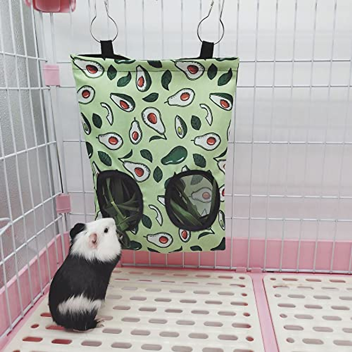 Lemengtree Small Animals Feeder Bag, Guinea Pig Hay Bag Rabbit Feeding Bag Hanging Feeder Sack Storage with 2 Holes for Chinchilla Hamsters Rabbit Guinea Pig Small Pets (Avocado)