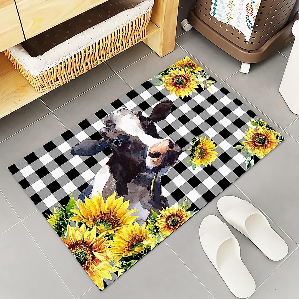 Beauty Decor 2 Piece Kitchen Mats Cushioned Kitchen Rug Farm Cow and Sunflower Black and White Buffalo Plaid Non Slip Thick Floor Comfort Mat Sets with Runner