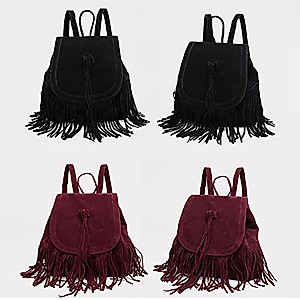 Womens Bucket Bag Drawstring Faux Suede Tassel Crossbody Shoulder Backpack (Black)