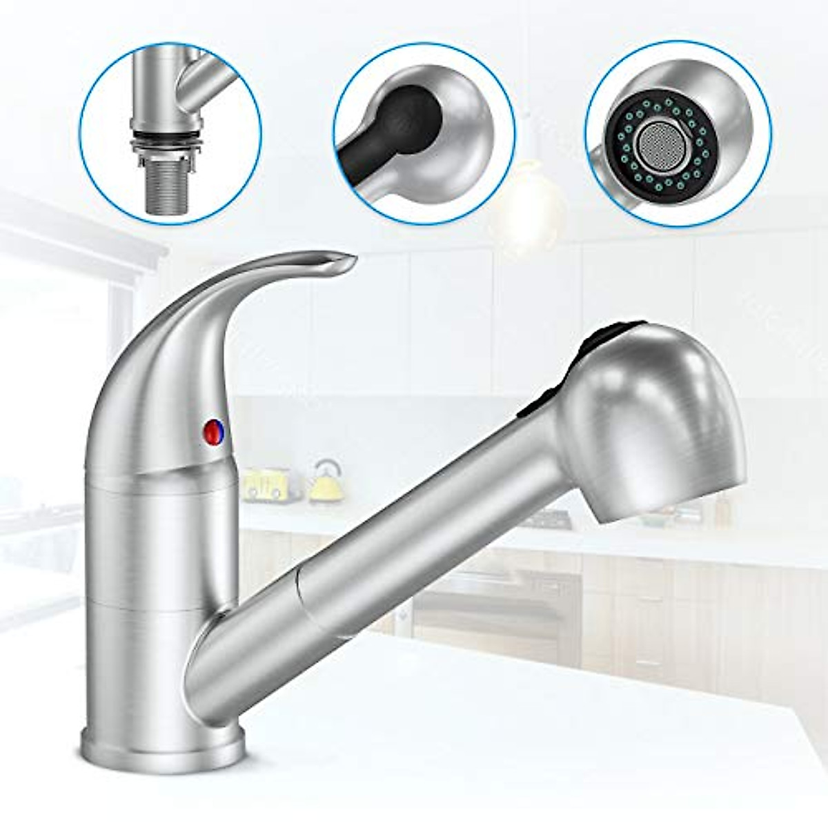 LEPO Single Lever Pull Out Kitchen Sink Faucets, Single Handle Low Arch Stainless Steel Brushed Nickel Rv Kitchen Faucet with Pull Down Sprayer, Bar Utility Sink Faucets