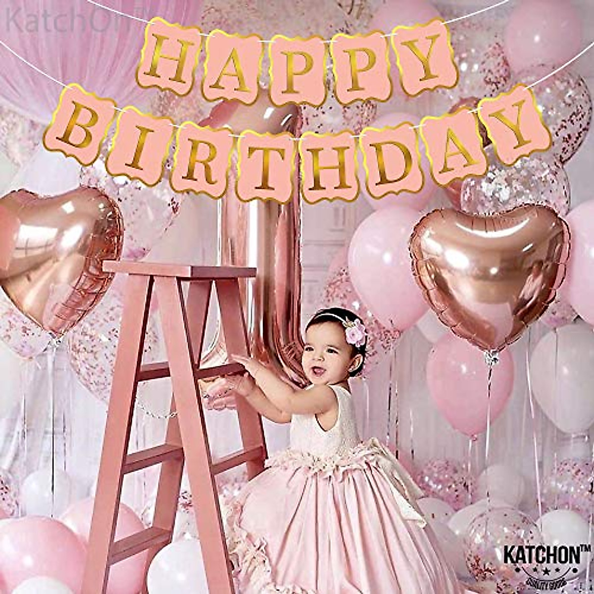 Huge, Rose Gold Backdrop for Birthday - Pack of 3 | Rose Gold Fringe Curtain with Peach Happy Birthday Banner | Rose Gold Streamers | Rose Gold Happy Birthday Banner | Rose Gold Birthday Decorations