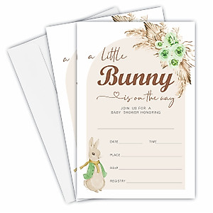 JCVUK Baby Shower Invites,Boho Bunny Theme Baby Shower Invitation Cards With Envelopes(25 Pack), Green Bunny Baby Shower Decorations And Supplies For Boys Girls(YQK-B06)