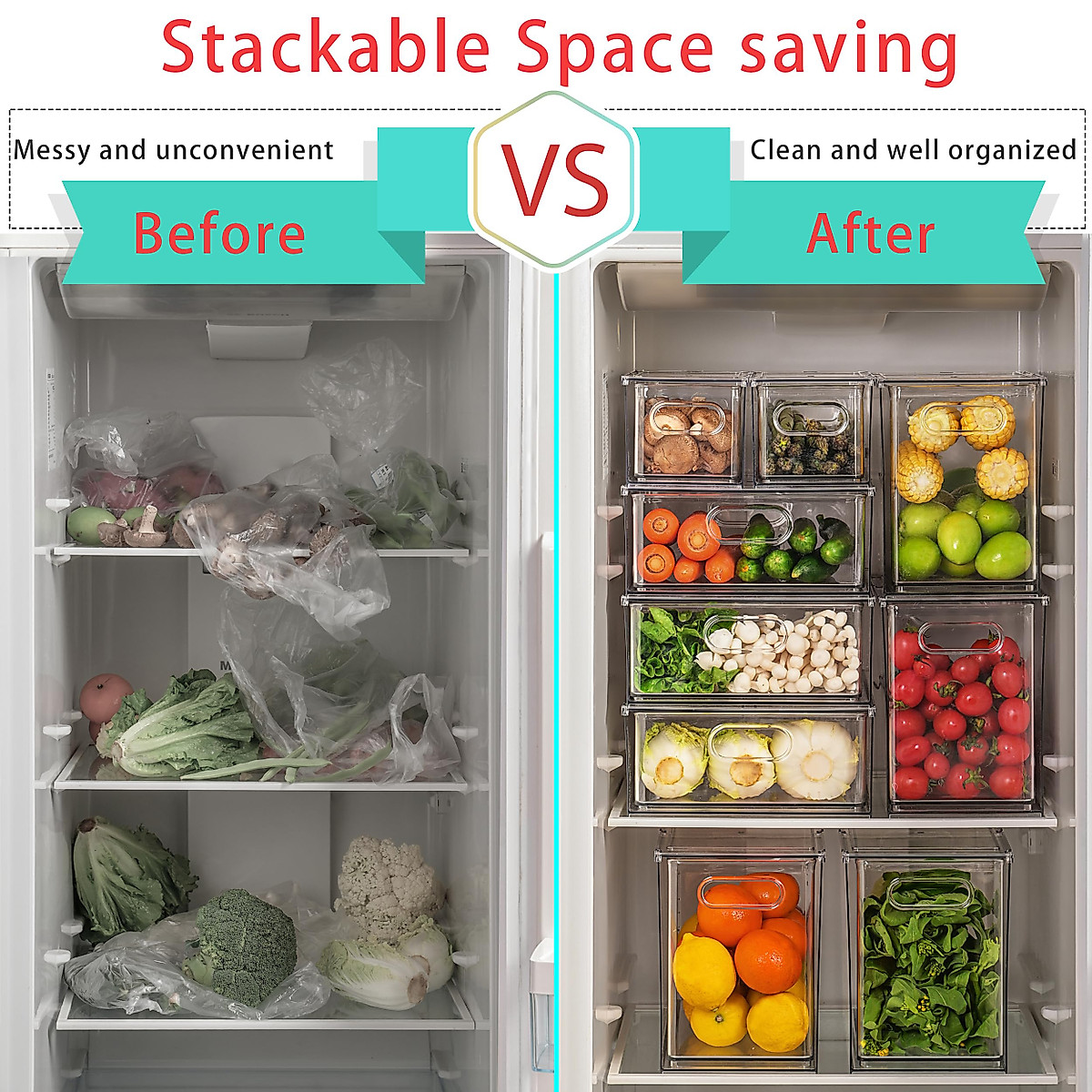 MineSign 9 Pack Stackable Fridge Organizer Drawer Pull-Out Bins with Handles Large Clear Food Container with Removable Dividers Refrigerator Storage box Divided Produce Saver for Pantry Kitchen