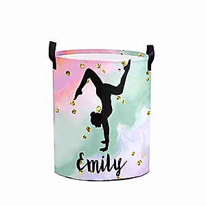 Grandkli Gold Dots Gymnast Personalized Freestanding Laundry Hamper, Custom Waterproof Collapsible Drawstring Basket Storage Bins with Handle for Clothes, Toy, 50cm x 36cm