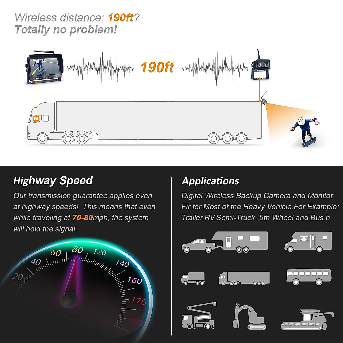 Digital Wireless Backup Camera Kit, 7 Inch Display and 720P HD Resolution, Wide Angle Rear View Camera with Night Vision, 190ft Wireless Reverse Camera System Suitable for Truck, Motorhome, 5th Wheel