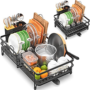 TOOLF Expandable Dish Drying Rack, Adjustable Dish Rack, Foldable Dish Drying Rack with Removable Cutlery Holder Swivel Drainage Spout, Anti-Rust Plate Rack for Kitchen, 1 Piece, Black