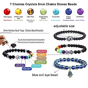 RUIZHEN 3Pcs Evil Eye Hamsa Hand Stretch Bracelet 7 Chakras Gemstone Lava Stone Aromatherapy Essential Oil Diffuser Bracelet for Women Men (A)