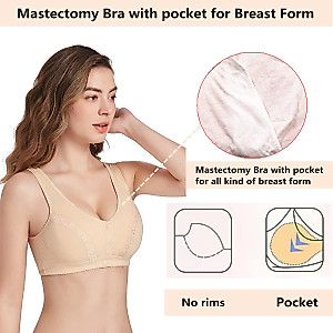 Mastectomy Bra for Womens Front Closure Cotton with Pocket for Prosthesis Silicone Breast Form Beige