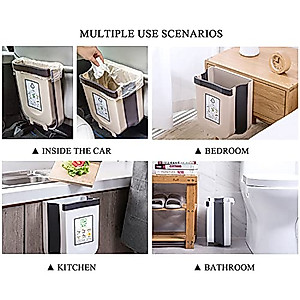 Folding Kitchen Bin Wall Mounted Trash Can Collapsible Small Compact Garbage Bin Hanging Waste Contanier Attached to Cabinet Door Space Save For Kitchen Garden Office School Bathroom (9L, White)