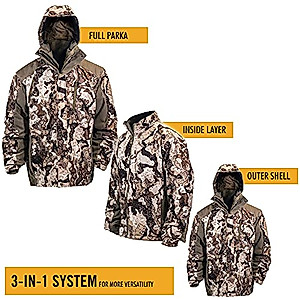 HOT SHOT Men’s 3-in-1 Insulated Veil-Cervidae Camo Hunting Parka, Waterproof, Removable Hood, Year Round Versatility, Large