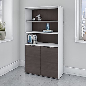 Bush Business Furniture Jamestown 5 Shelf Bookcase with Doors in White and Storm Gray