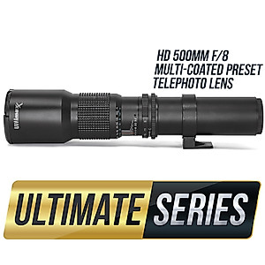 Ultimaxx 500mm f/8 Multi-Coated Telephoto Lens Kit for Canon EOS 80D,77D,70D,60D,60Da,50D,7D,7D II,6D,6D II,5D Mark II,III,IV,5DS,1DS,T7i,T7s,T7,T6s,T6i,T6,T5i,T5,T4i,SL2 & SL1 Digital SLR Cameras