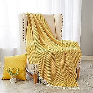 PHF Acrylic Waffle Weave Knit Throw Blanket 50 x 60 inches, Lightweight Soft Cozy Decorative Woven Blanket with Tassels for Couch, Bed, Sofa, Chair, Home Travel, Suitable for All Seasons, Ginger