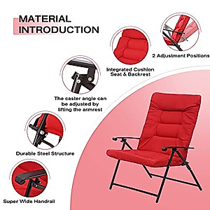 SUNCROWN 3-Piece Outdoor Furniture Patio Padded Folding Chair Set Patio Bistro Set Foldable Adjustable Reclining Lounge Chair with Coffee Table, Red