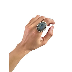 Natural Stone Adjustable Finger Rings Semi Precious Oval Shaped Gemstone Jewelry For Women Anniversary Birthday Wedding Gift (AA Quality Labrodarite)