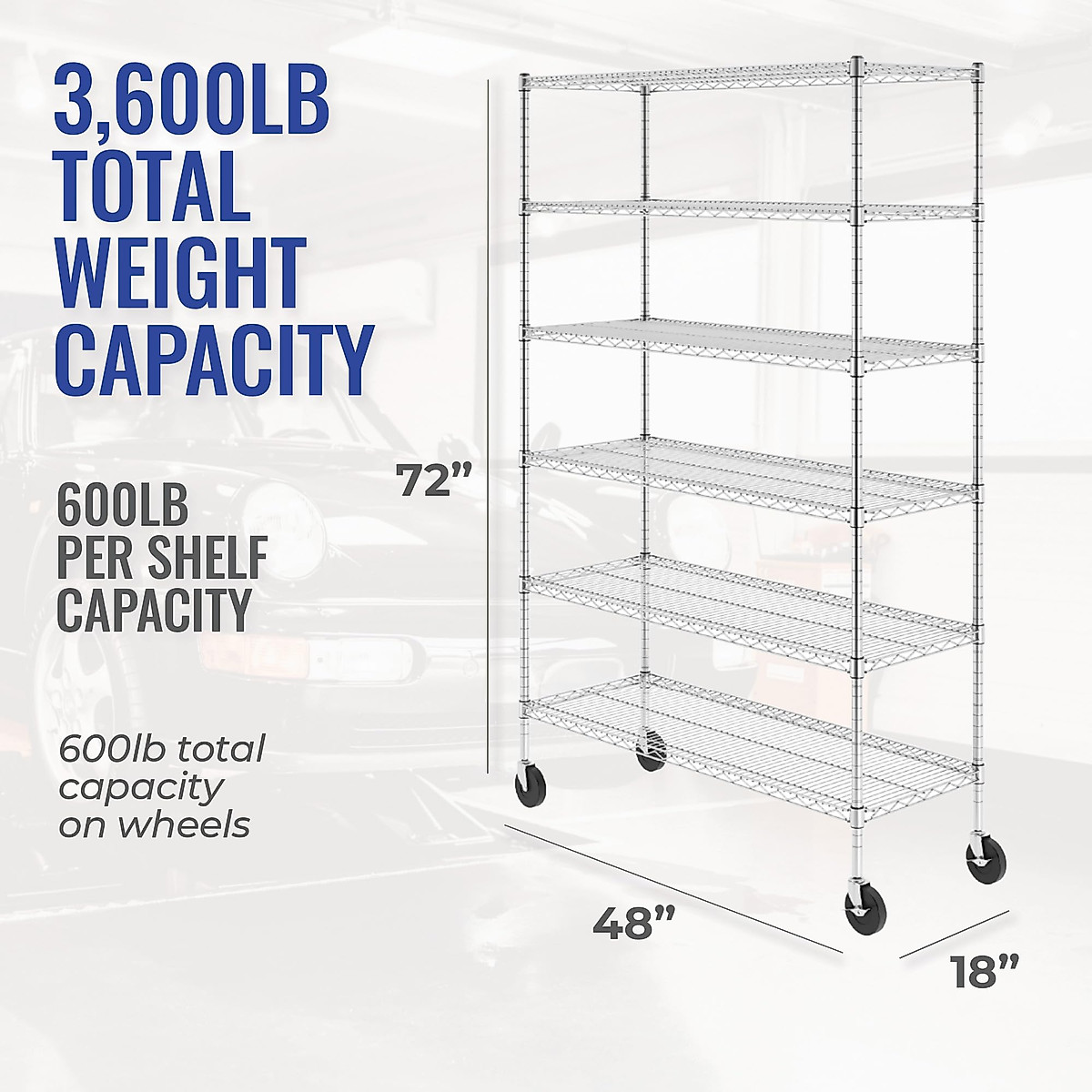 SafeRacks NSF Certified Storage Shelves, Heavy Duty Steel Wire Shelving Unit with Wheels and Adjustable Feet, Used as Pantry Shelf, Garage or Bakers Rack Kitchen Shelving - (18"x48"x72" 6-Tier)