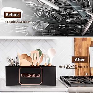 Yumkfoi Extra Large Utensil Holder with 4 Compartments, Wooden Farmhouse Utensil Organizer for Kitchen Counter, Rustic Cooking Utensil Crock Countertop Utensil Caddy Spatula Holder (Classic Black)