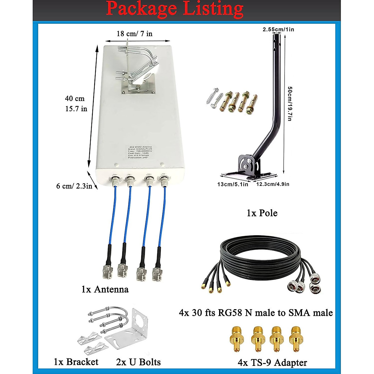 4x4 MIMO External Panel 5G 4G LTE Antennas/Directional Outdoor WiFi Antenna Long Range 698-4000 MHz for WiFi 5G 4G LTE Router &Hotspots(Full Kit)
